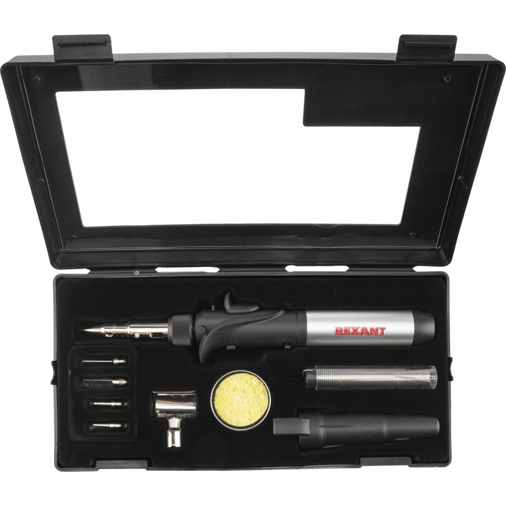 Газовый паяльник с пьезоподжигом REXANT 17 мл, 11 предметов 12-0505