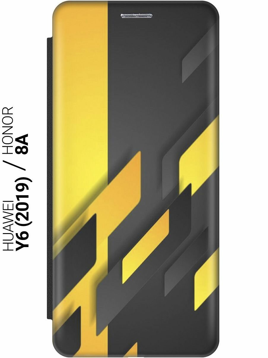 Чехол-книжка на Honor 8A, 8A Pro, Huawei Y6 (2019), Y6 Prime (2019), Хуавей Хонор 8а c принтом "Черно-желтая абстракция" черный