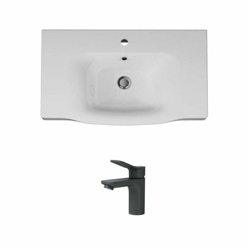 Раковина для ванной комнаты AM.PM, с черным смесителем, 80x49x15.7 cм, цвет белый