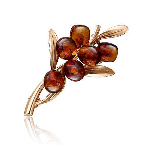Брошь, красное золото, 585 проба, янтарь