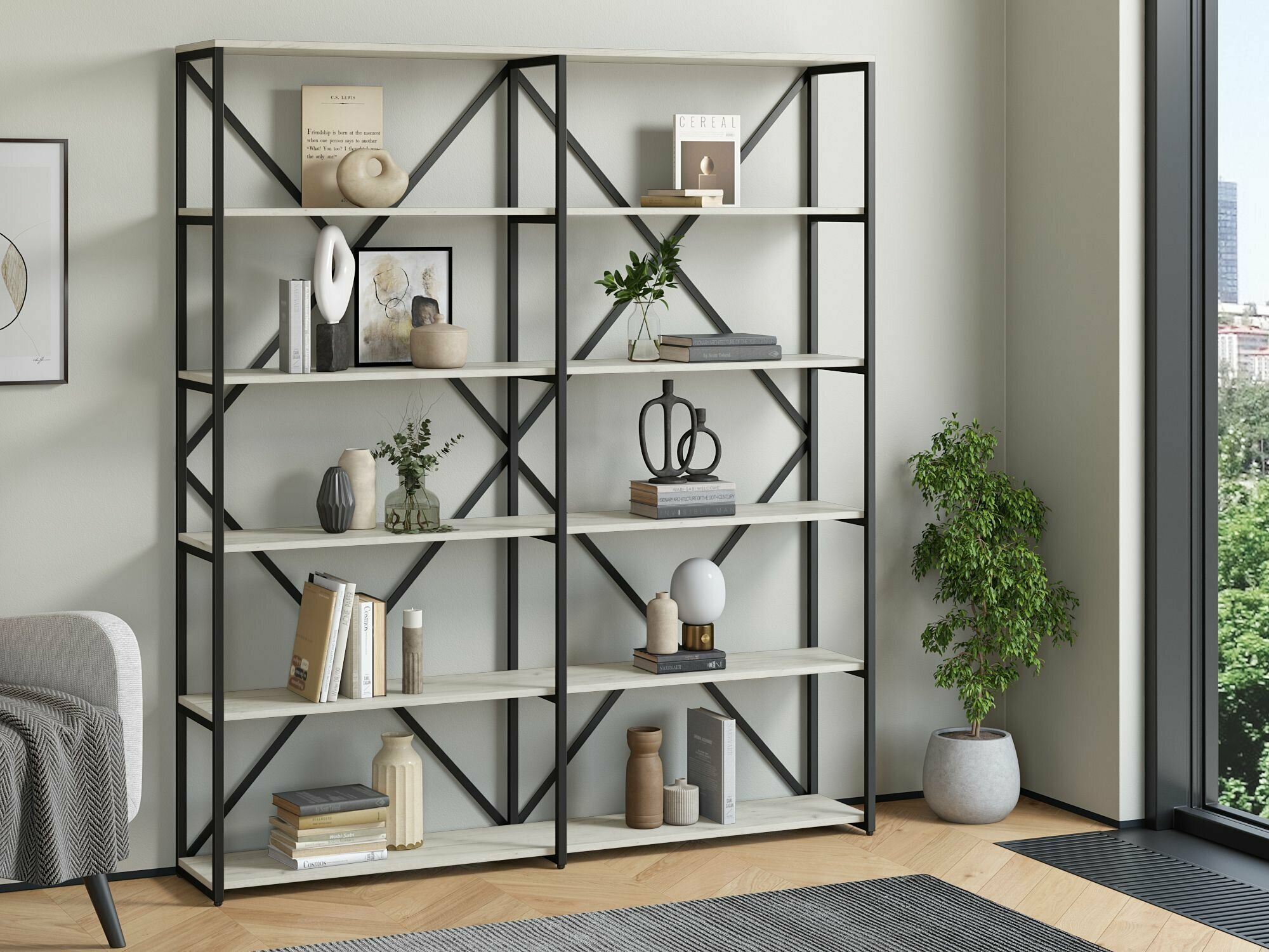 Стеллаж Айсберг Лофт 160/6 / Черный/ с полками дуб крафт белый/ Для дачи/ для дома/ для книг/ в офис