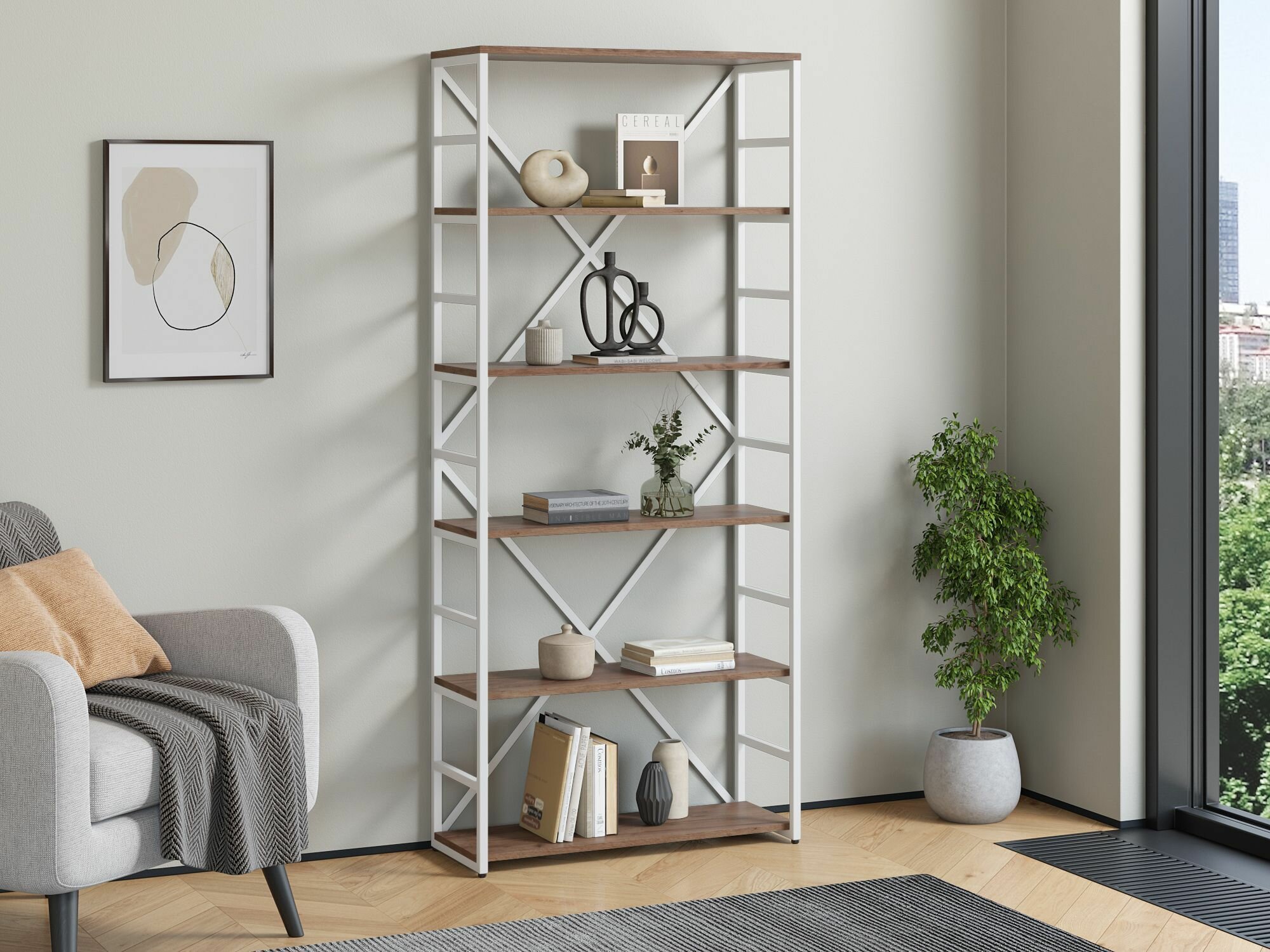 Стеллаж Айсберг Лофт 80/6-2 / Белый/ с полками дуб крафт табак/ Для дачи/ для дома/ для книг/ в офис
