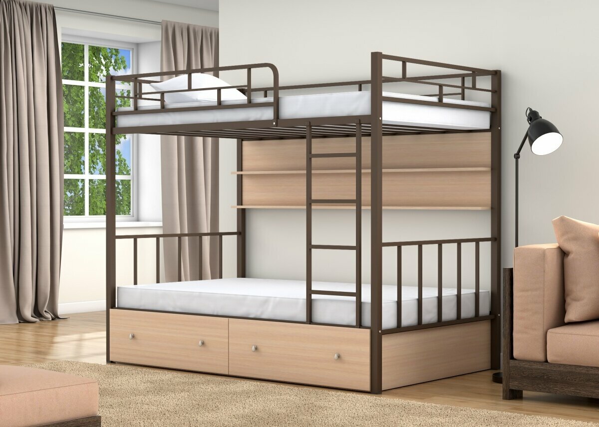 Двухъярусная кровать Валенсия 120 Коричневый ящики полка дуб молочный