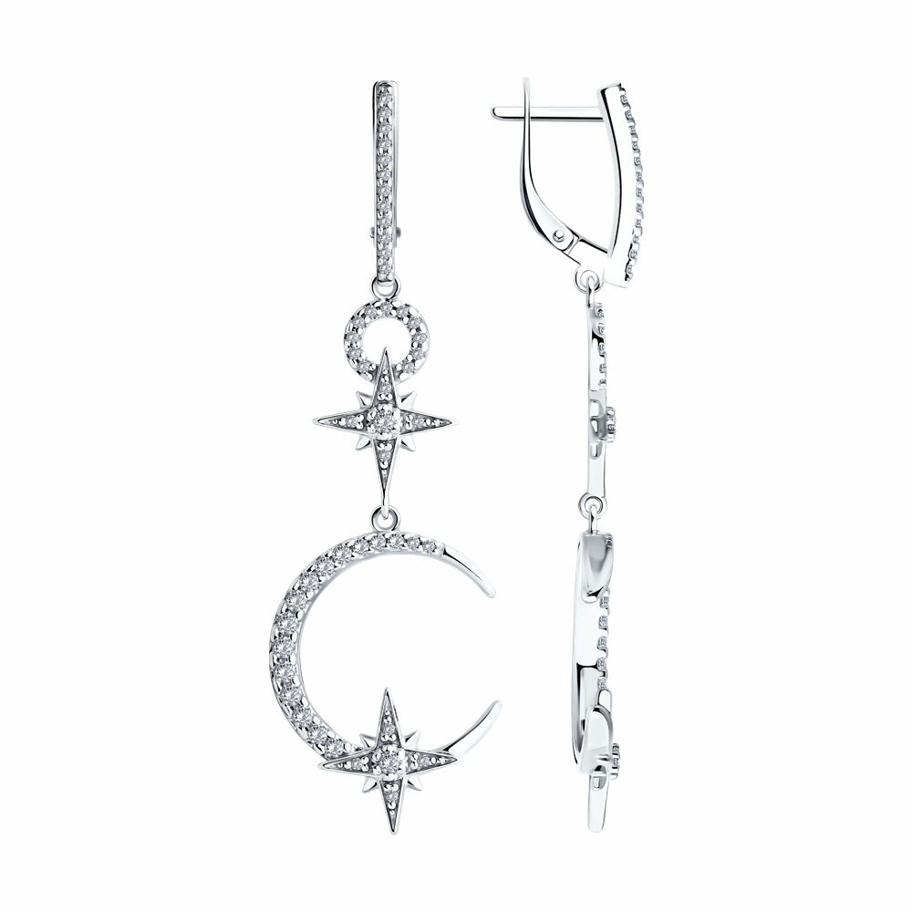 Серьги с подвесками, серебро, 925 проба, родирование, фианит