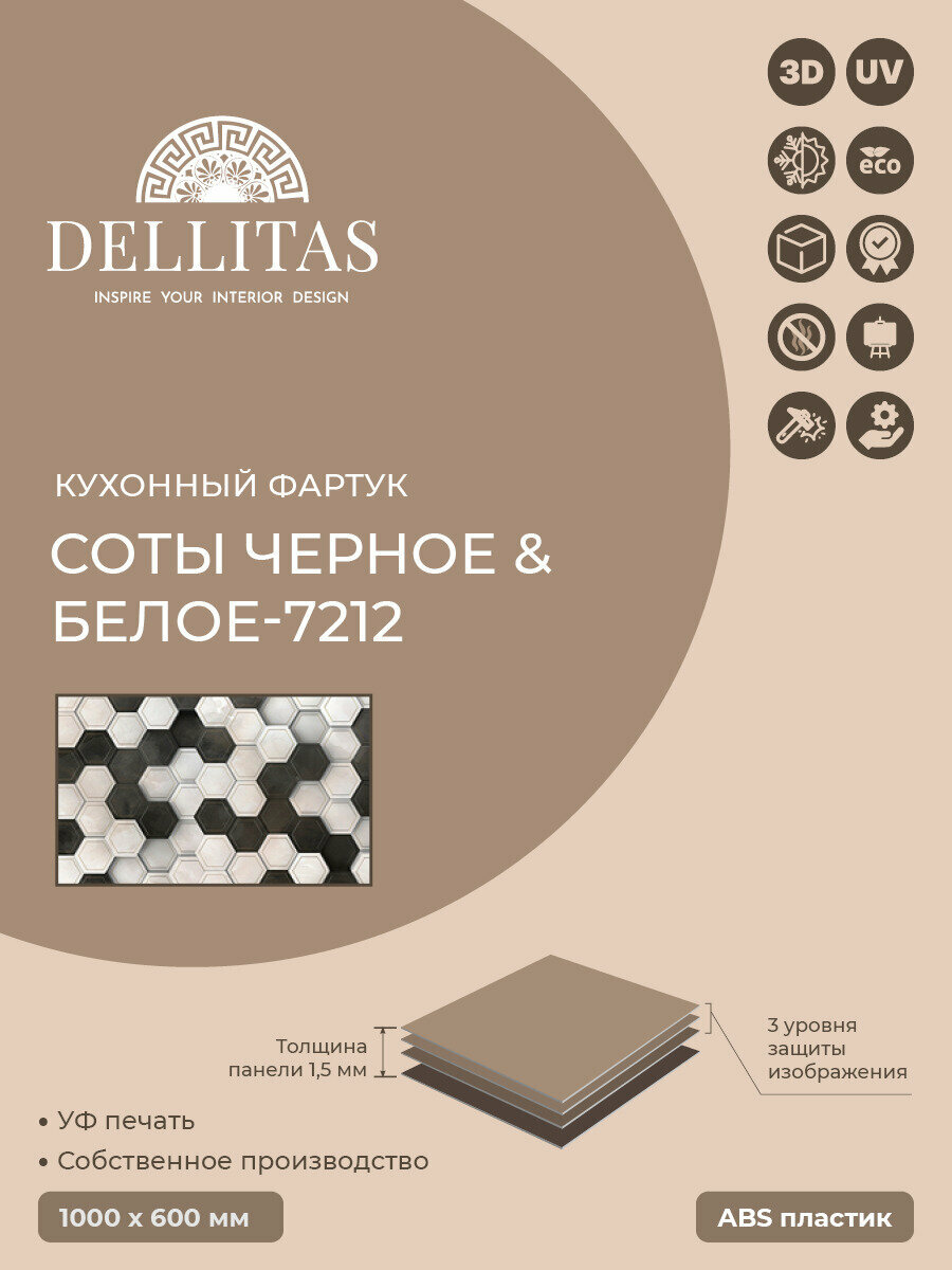 Кухонный фартук "Соты черное & белое-7212" 1000*600мм, АБС пластик, фотопечать