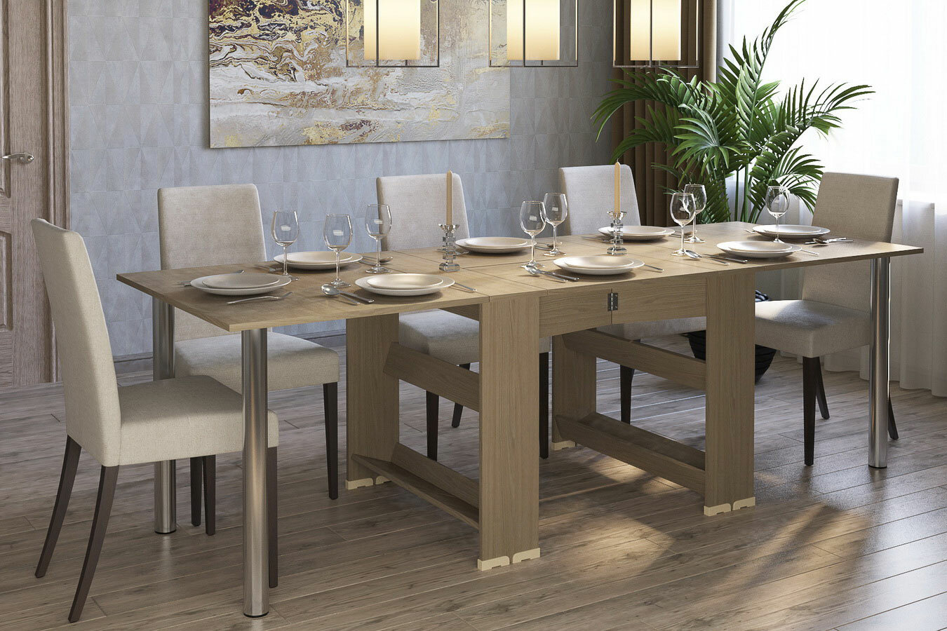 Стол-книжка 240 см с металлическими ножками и прямыми углами (цвет: ясень шимо светлый)