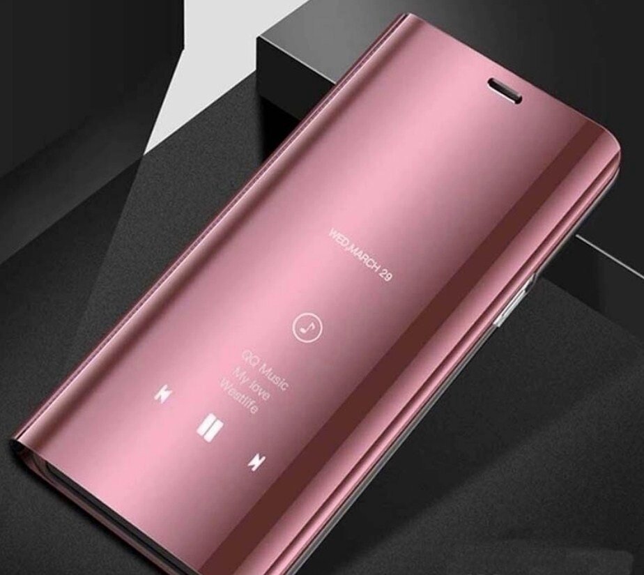 Чехол-книжка MyPads для Oppo F15 с дизайном Clear View Cover с полупрозрачной пластиковой крышкой с зеркальной поверхностью розовый