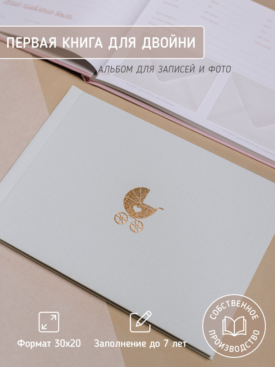 Фотоальбом Glorybook "Для новорождённых двойняшек", мятный лен, 36 листов, с конвертами из кальки