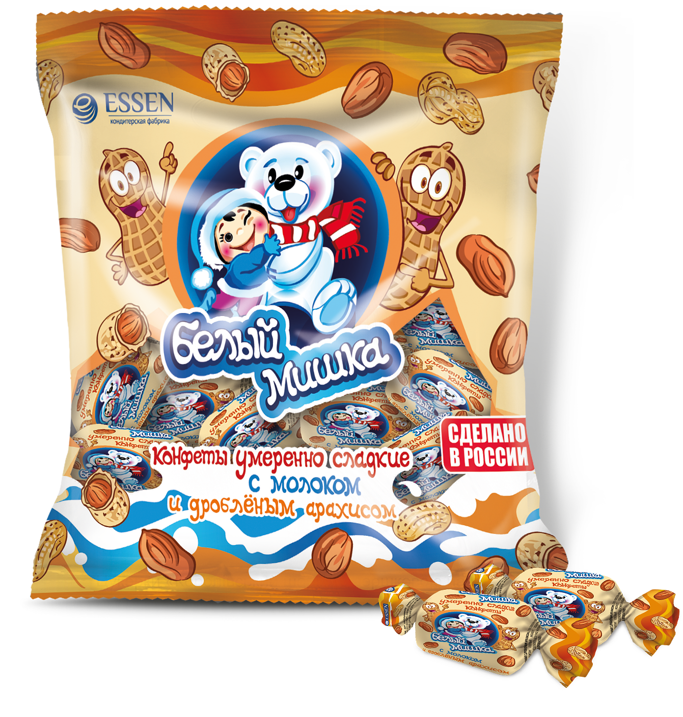 Конфеты Essen "Белый мишка" неглазированные с дробленым арахисом 500г