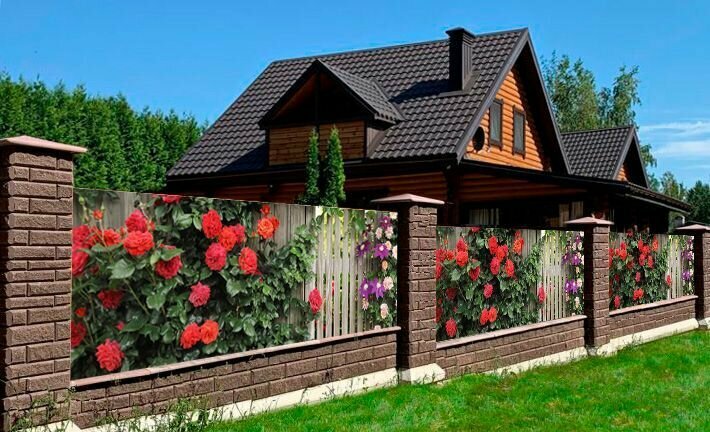 Фотосетка для забора и фасада 3 х 1 м с люверсами / Розы на заборе