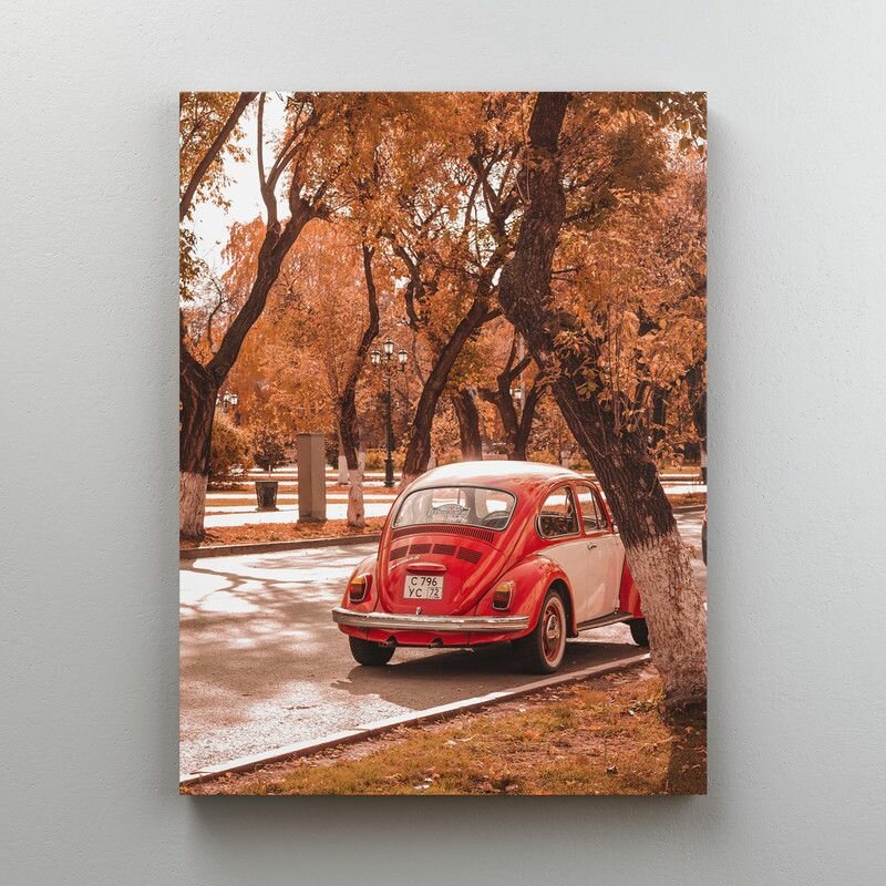 Интерьерная картина на холсте "Красный Volkswagen Жук - Автомобиль осенью" размер 30x40 см