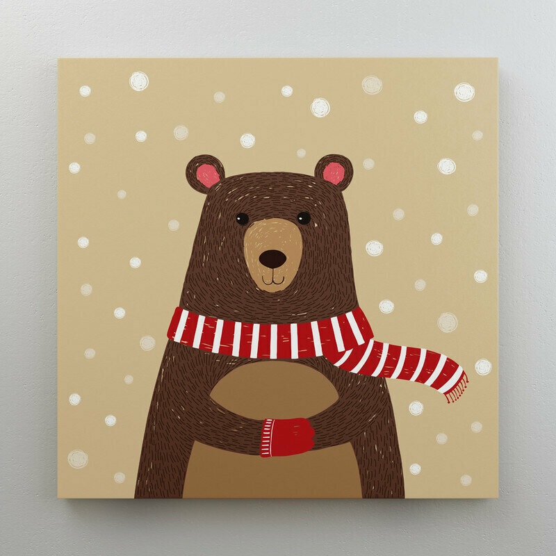 Интерьерная картина на холсте "Детский постер - бурый мишка в шарфике" размер 45x45 см