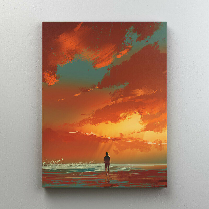 Интерьерная картина на холсте "Человек на пляже в закате" размер 30x40 см