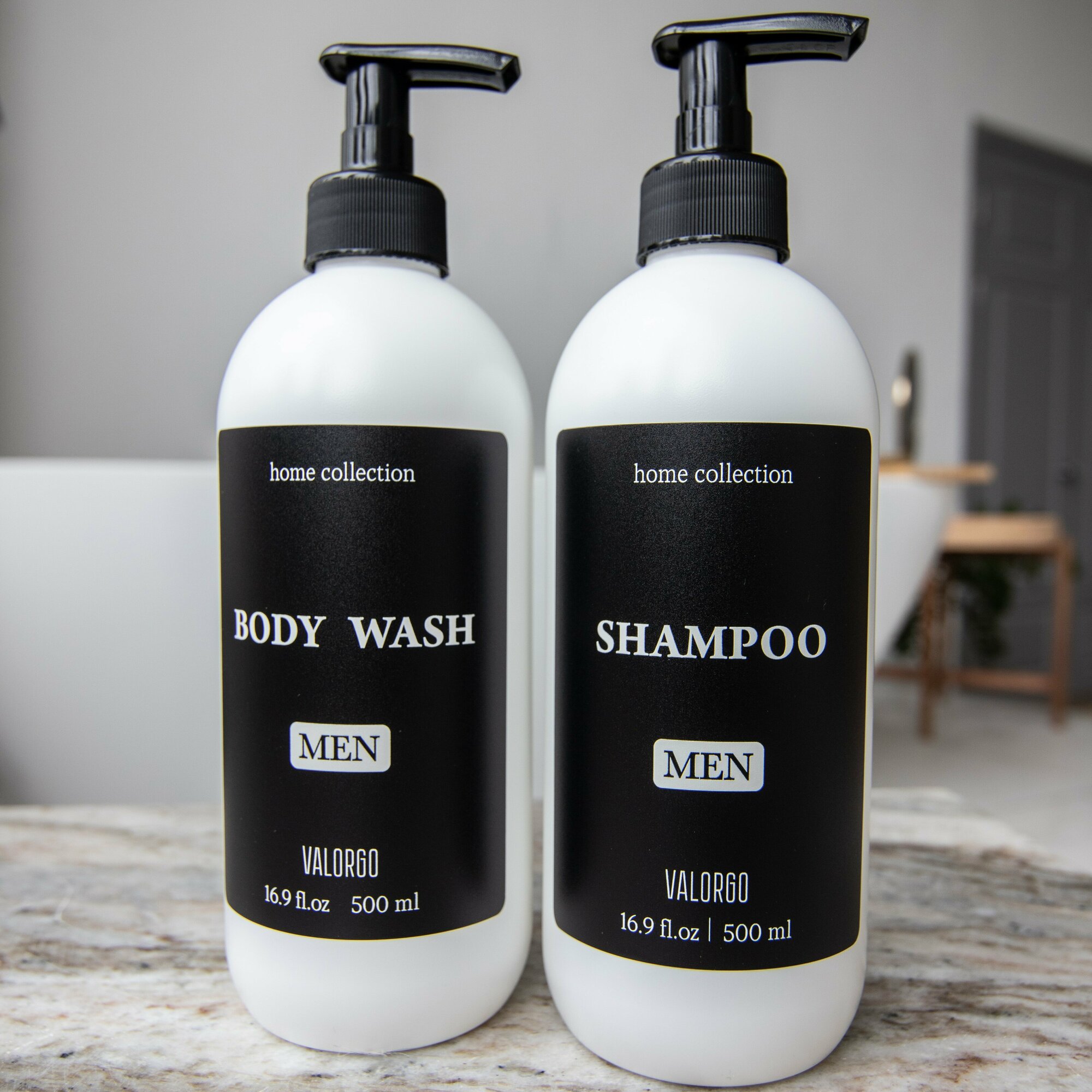 Набор черно-белых флаконов для ванной VALORGO, 2 штуки по 500 мл, надписи на английском