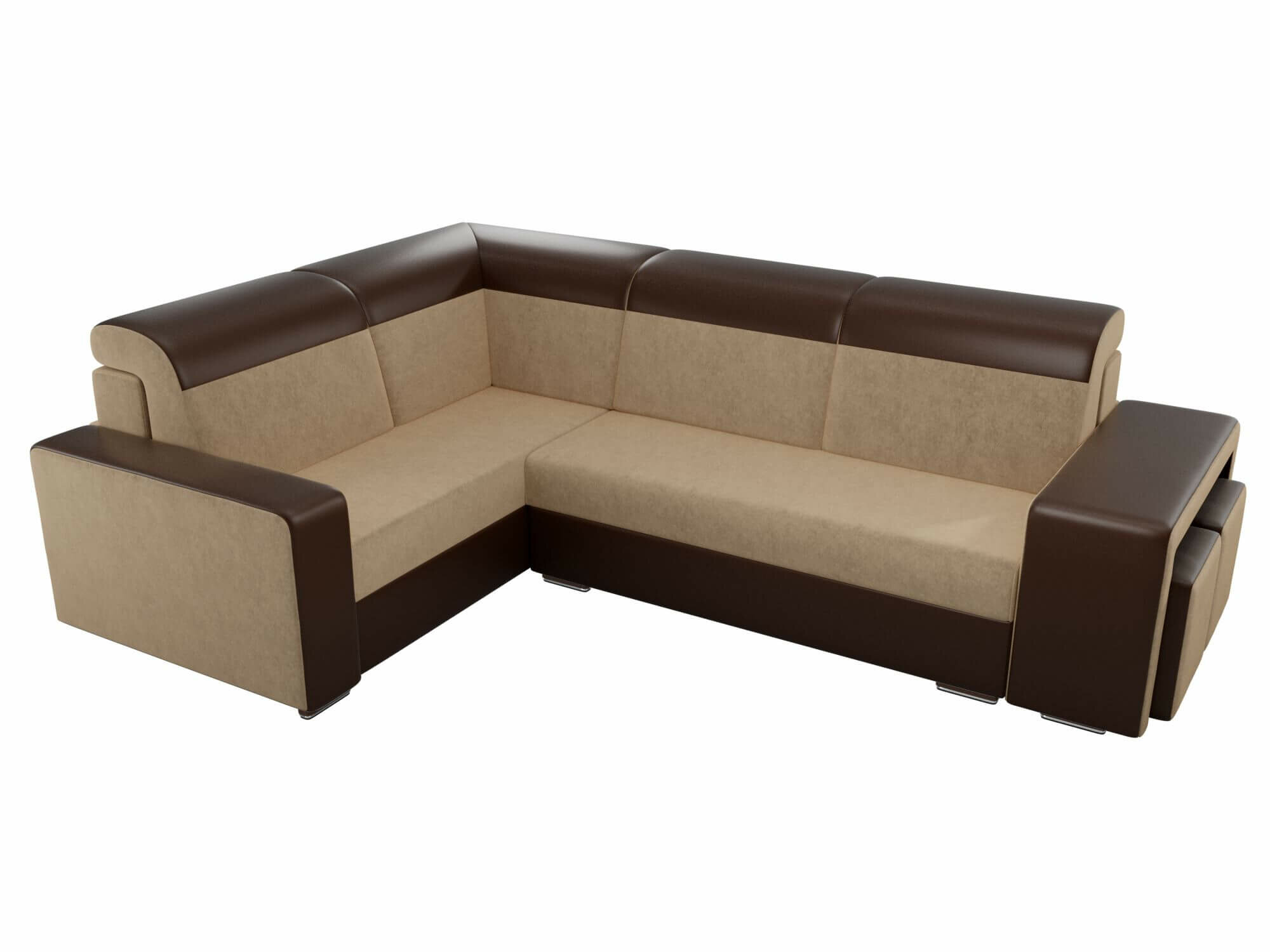Artum Угловой диван Мустанг с двумя пуфами вельвет бежевый эко кожа коричневый левый