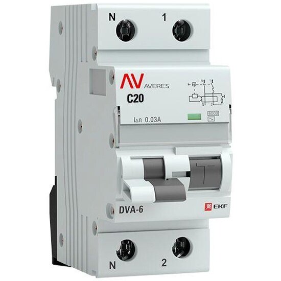 Дифференциальный автомат Ekf 2п (1P+N) C 20А 30мА тип AC 6кА DVA-6 Averes, rcbo6-1pn-20C-30-ac-av