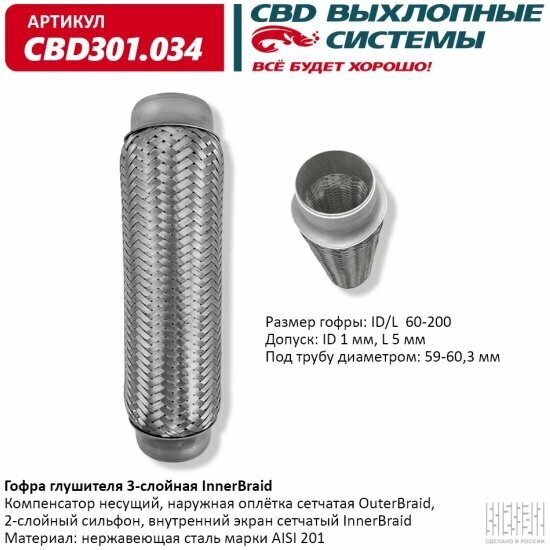 Гофра глушителя 3-слойная Cbd InnerBraid 60-200, 301.034