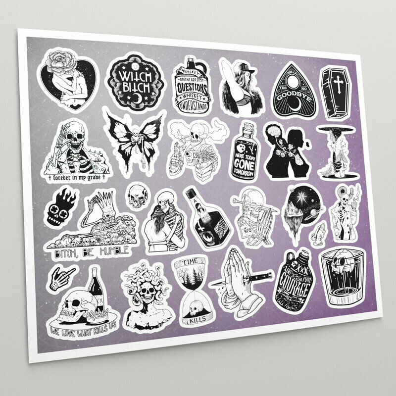 Наклейки декоративные (Стикеры самоклеящиеся) набор "Набор ведьмочки ЧБ" 20x25 см