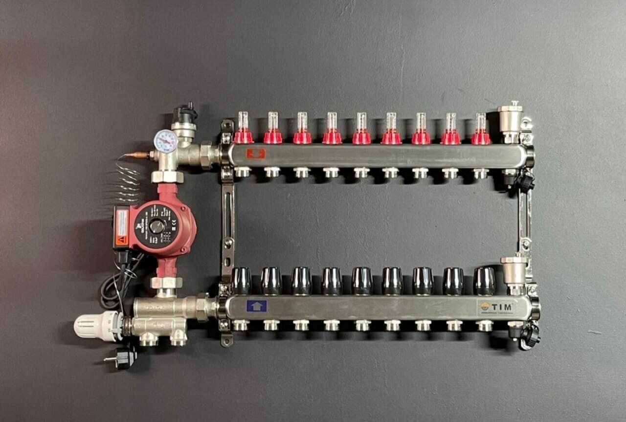 Комплект для водяного теплого пола с насосом: Коллектор 9 выходов с расходомерами + смесительный узел JH-1036 + циркуляционный насос 25-60 180