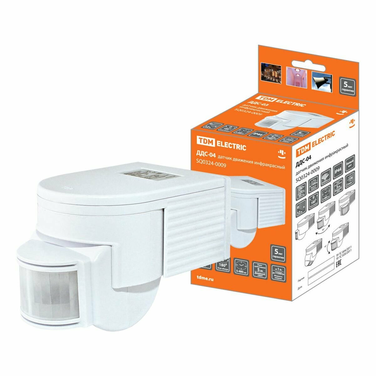 Датчик движения Tdm electric настенный монтаж, мощность нагрузки до 1100 вт, степень защиты ip44 (SQ0324-0009)