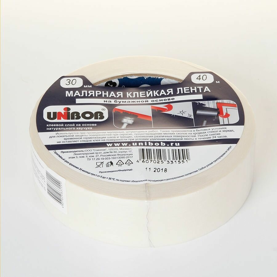UNIBOB Клейкая лента малярная 30мм*40м, белая