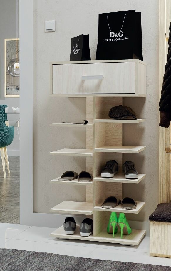 Обувница открытая с ящиком ФОР (60х33х120 см), Ясень шимо светлый