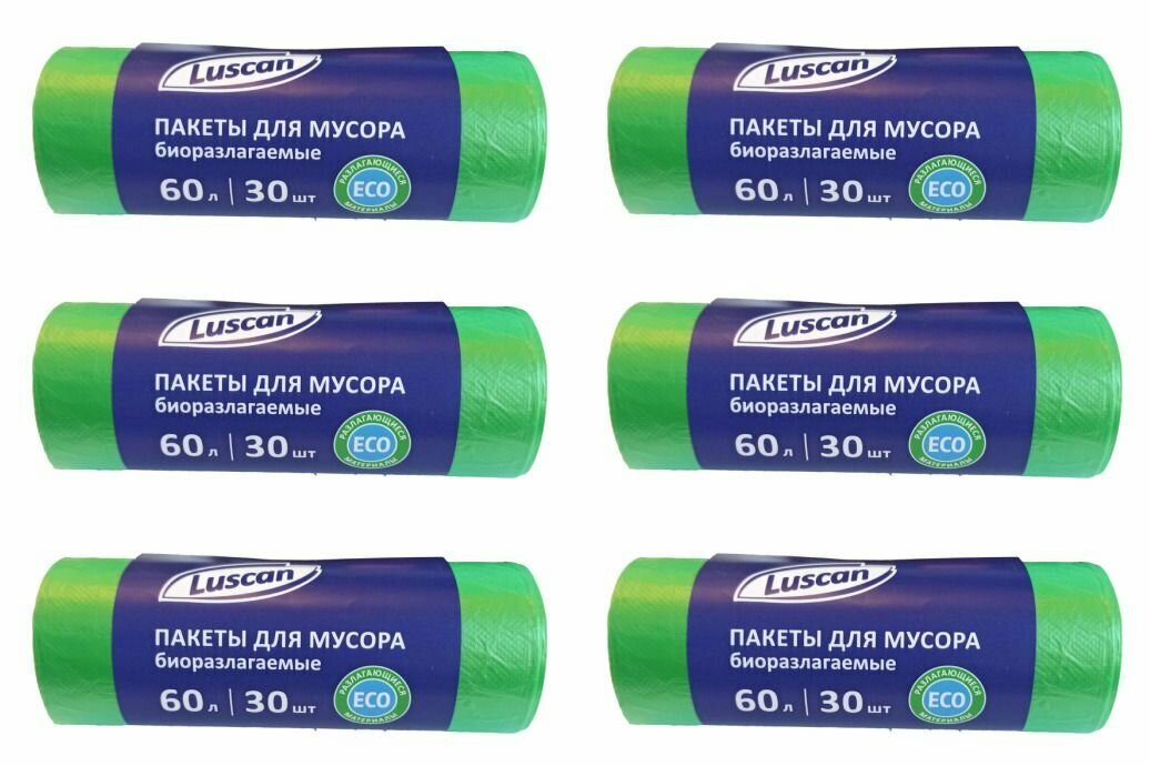 Luscan Мешки для мусора зеленые 60 л, 58x68 см, 12 мкм, 30 шт, 6 рулонов