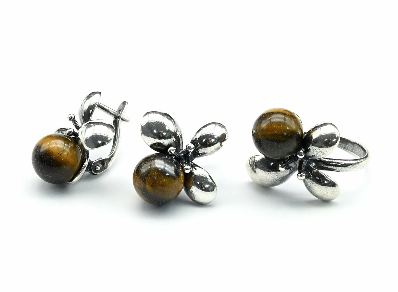 Комплект бижутерии: серьги, кольцо, тигровый глаз