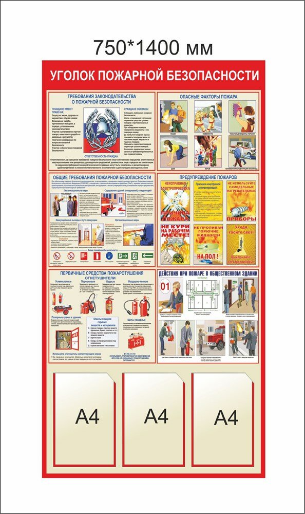 Стенд Уголок пожарной безопасности размер 750 х 1400 пластик 3 мм с 3 карманами А4