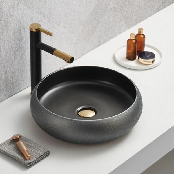 Накладная круглая раковина 42 см для ванной Comforty 78653 серебряная черная матовая, для установки на столешницу