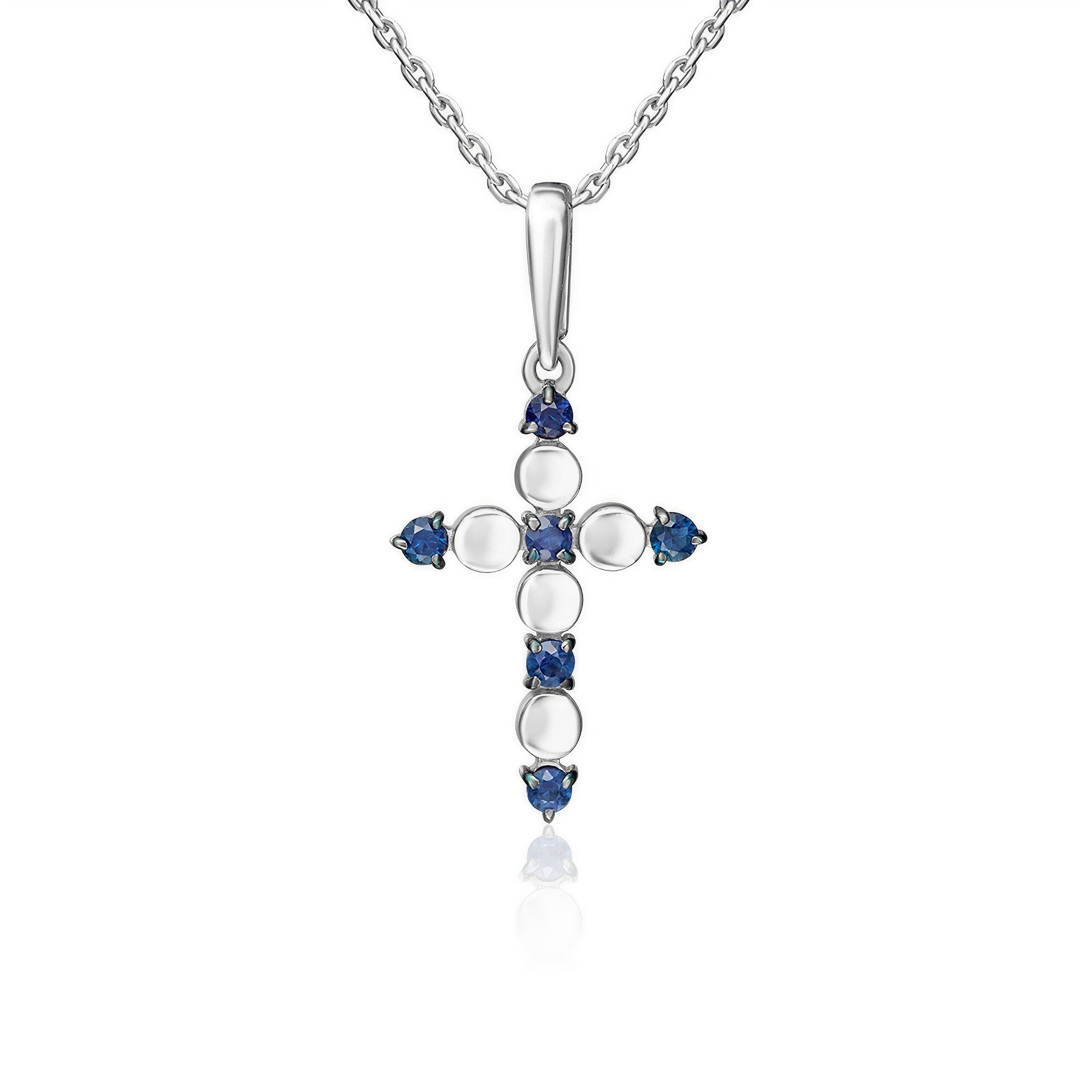 Крестик, белое золото, 585 проба, сапфир