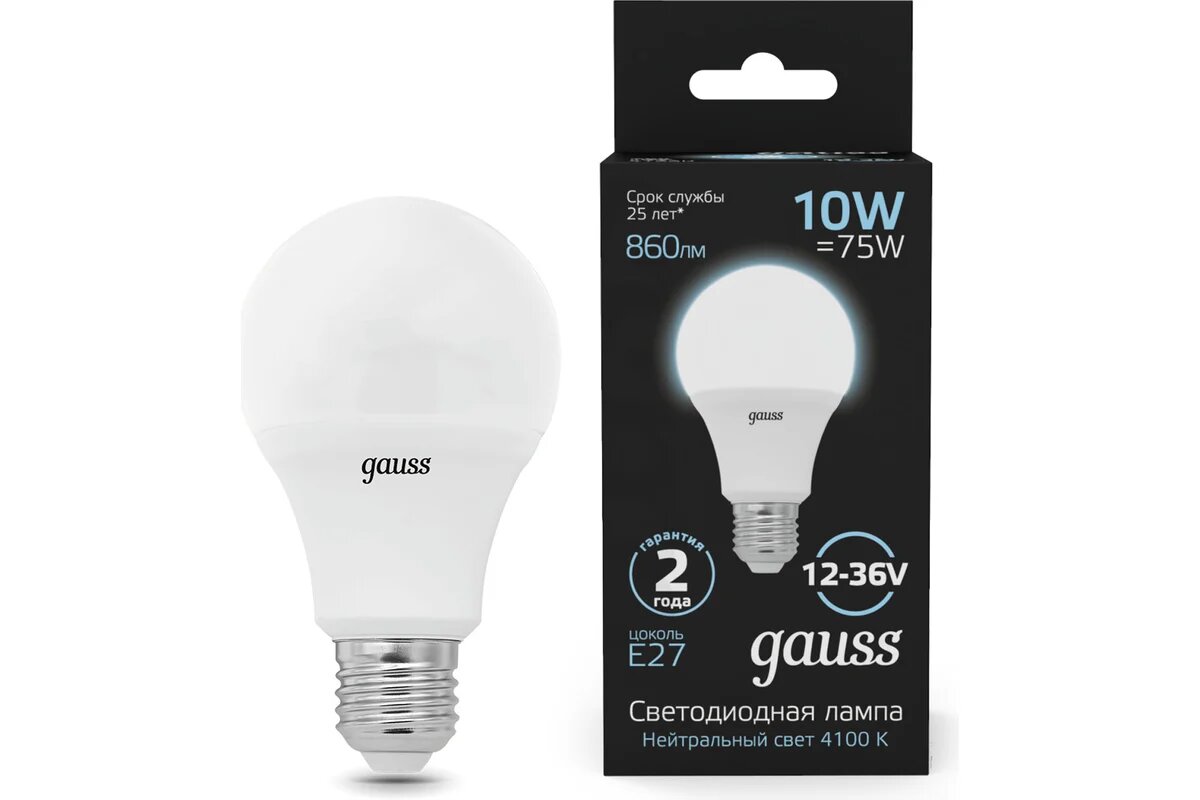 Gauss A60 LED лампа E27 AC12-36V 10W 860lm 4100K для бытового освещения в доме