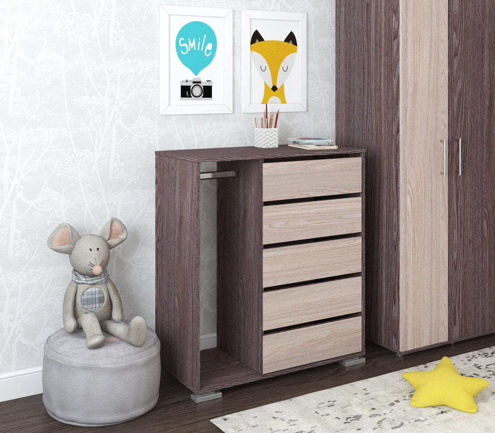 Шкаф, комод, шкаф-комод с ящиками, со штангой Есэндвич Лаворо, 90x43х102 см, правый (Анкор тёмный/Анкор светлый)