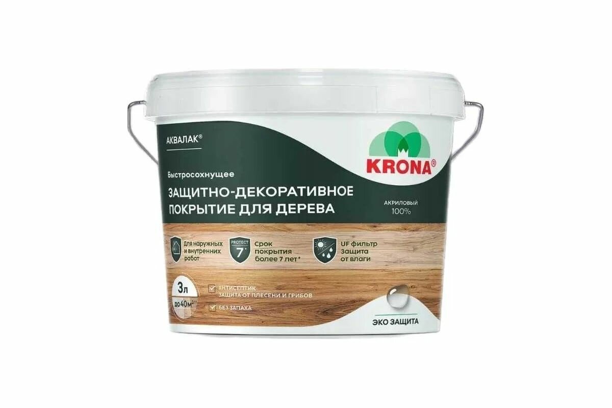 Защитно-декоративный лак для дерева KRONA Аквалак 3 л, белый 66364401