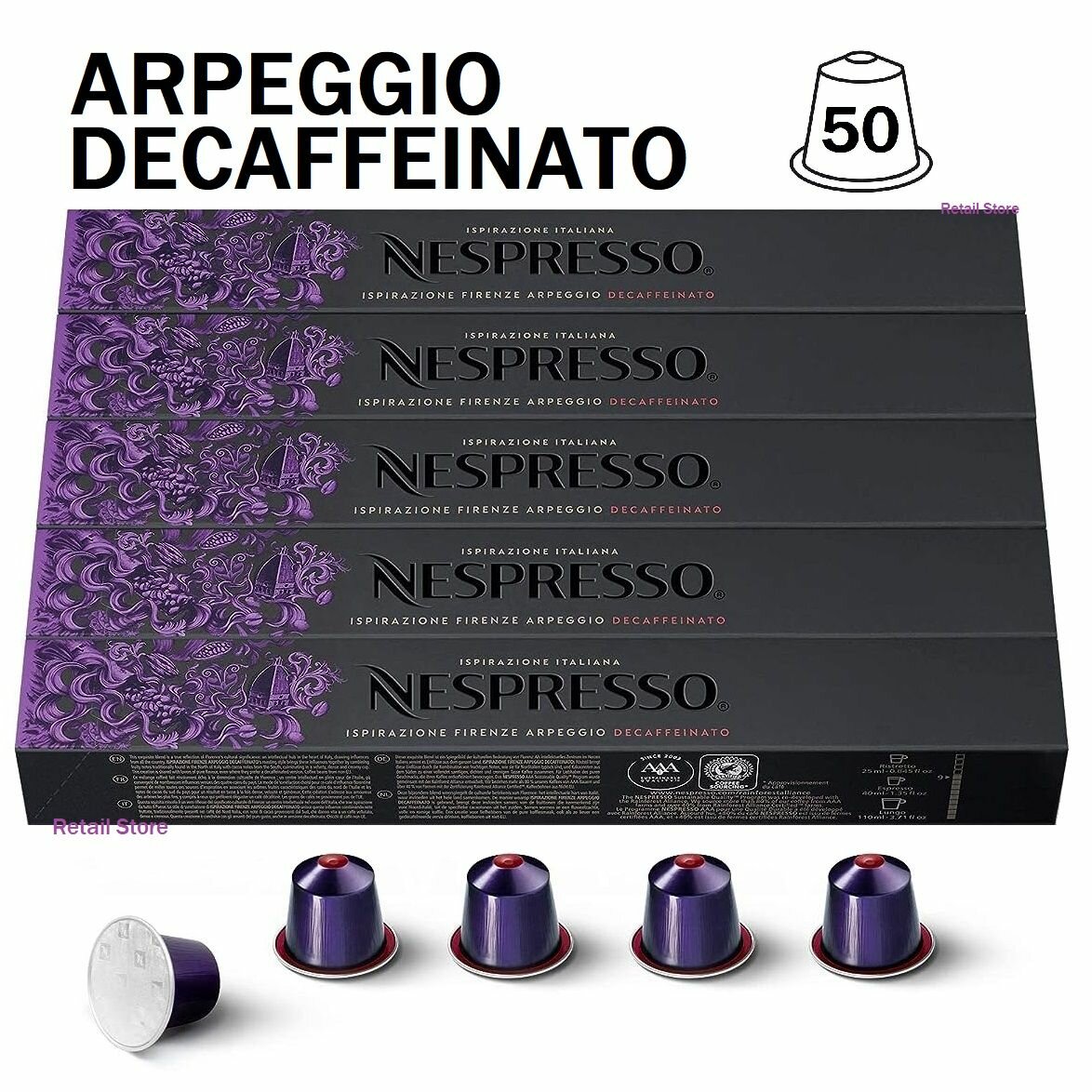 Firenze Arpeggio Decaffeinato - кофе в капсулах Nespresso Original, 5 упаковок (50 капсул)