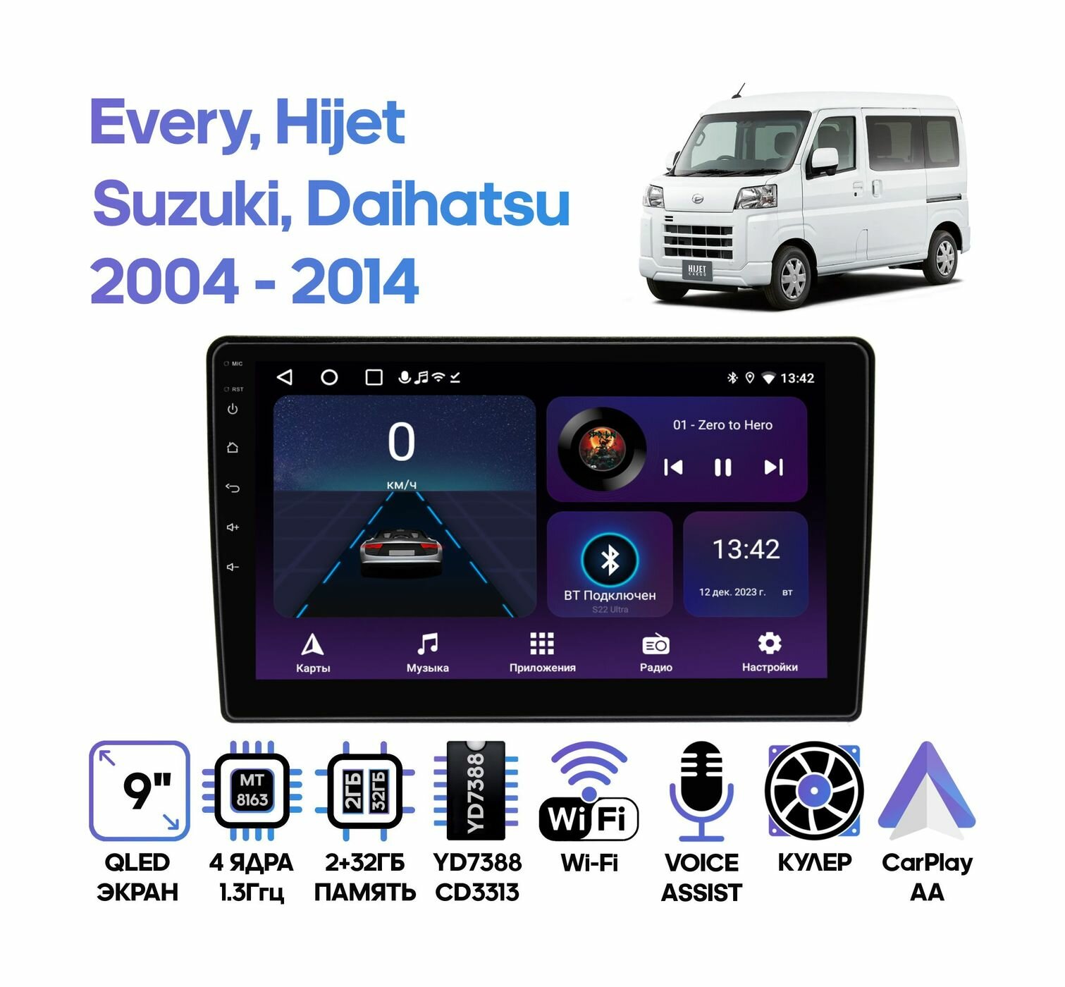 Магнитола Suzuki Every 2004 - 2014, Daihatsu Hijet 2004 - 2014 / 9 дюймов, 2/64GB, 4 ядра, Wi-Fi, Android 9 / Wide Media
