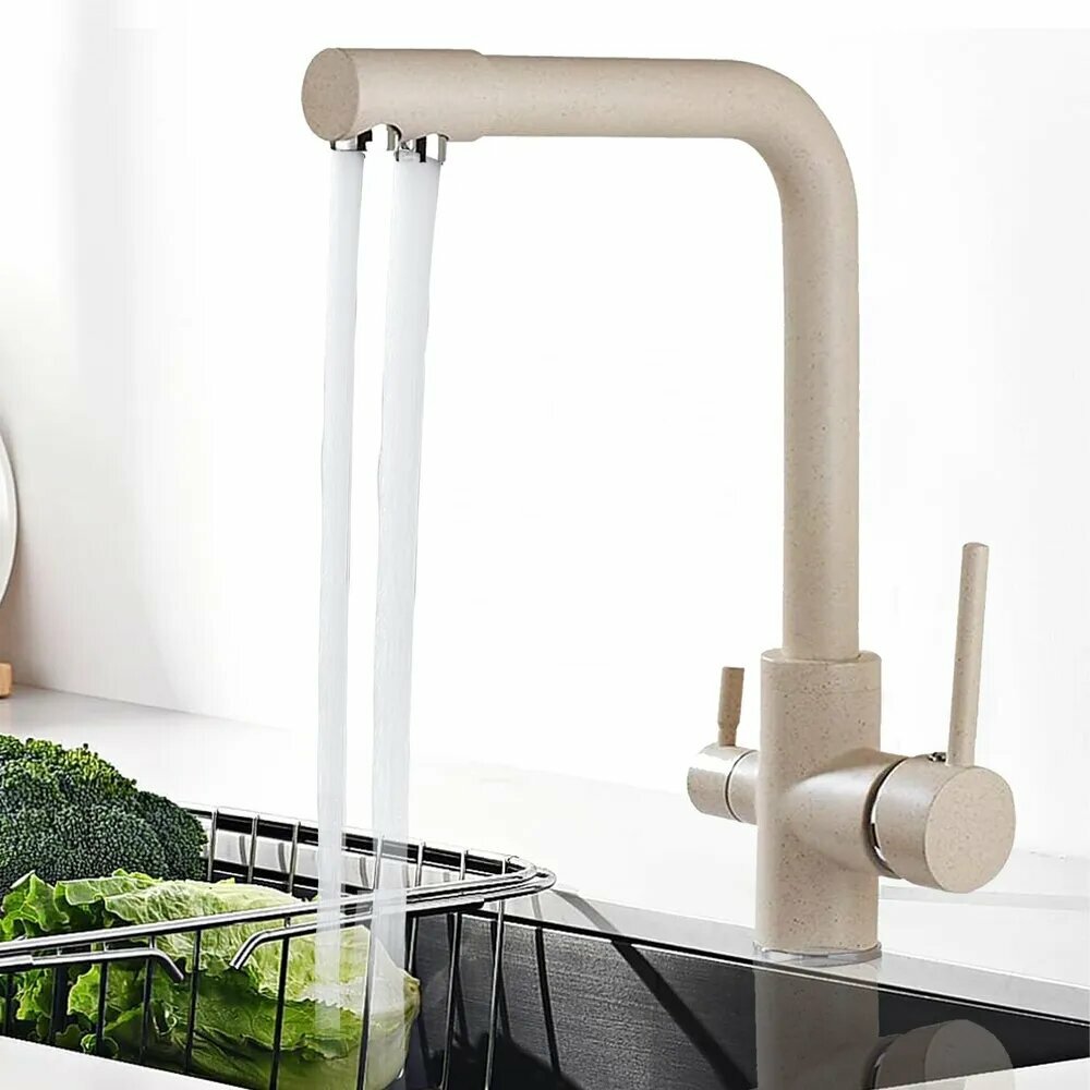 Смеситель для кухни с фильтром для питьевой воды поворотный на 360 градусов, латунь, бежевый