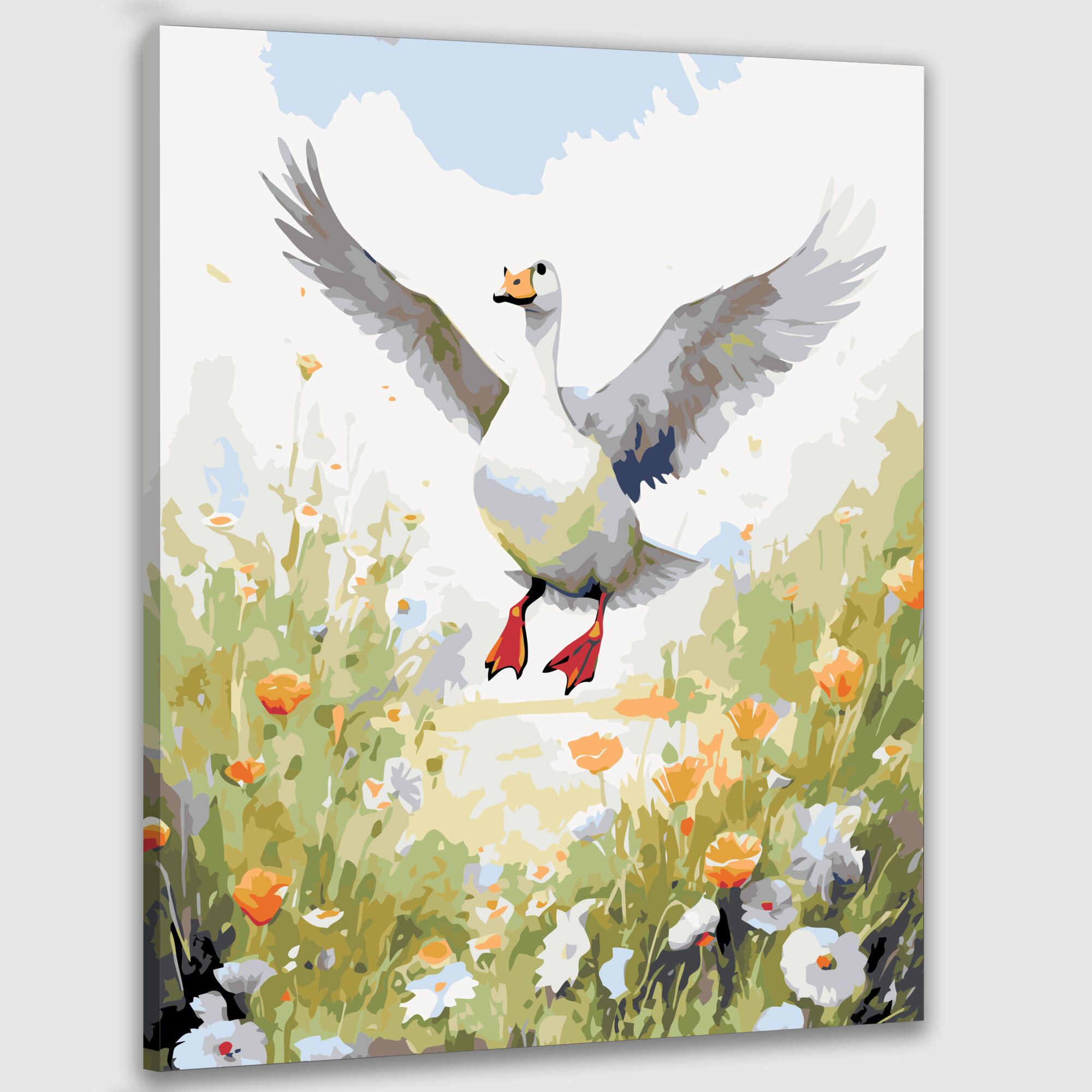 Картина по номерам 40x50 см, гусь, акварель, иллюстрация, игривый, ковыляющий, зеленое поле, расправленные крылья, лужа