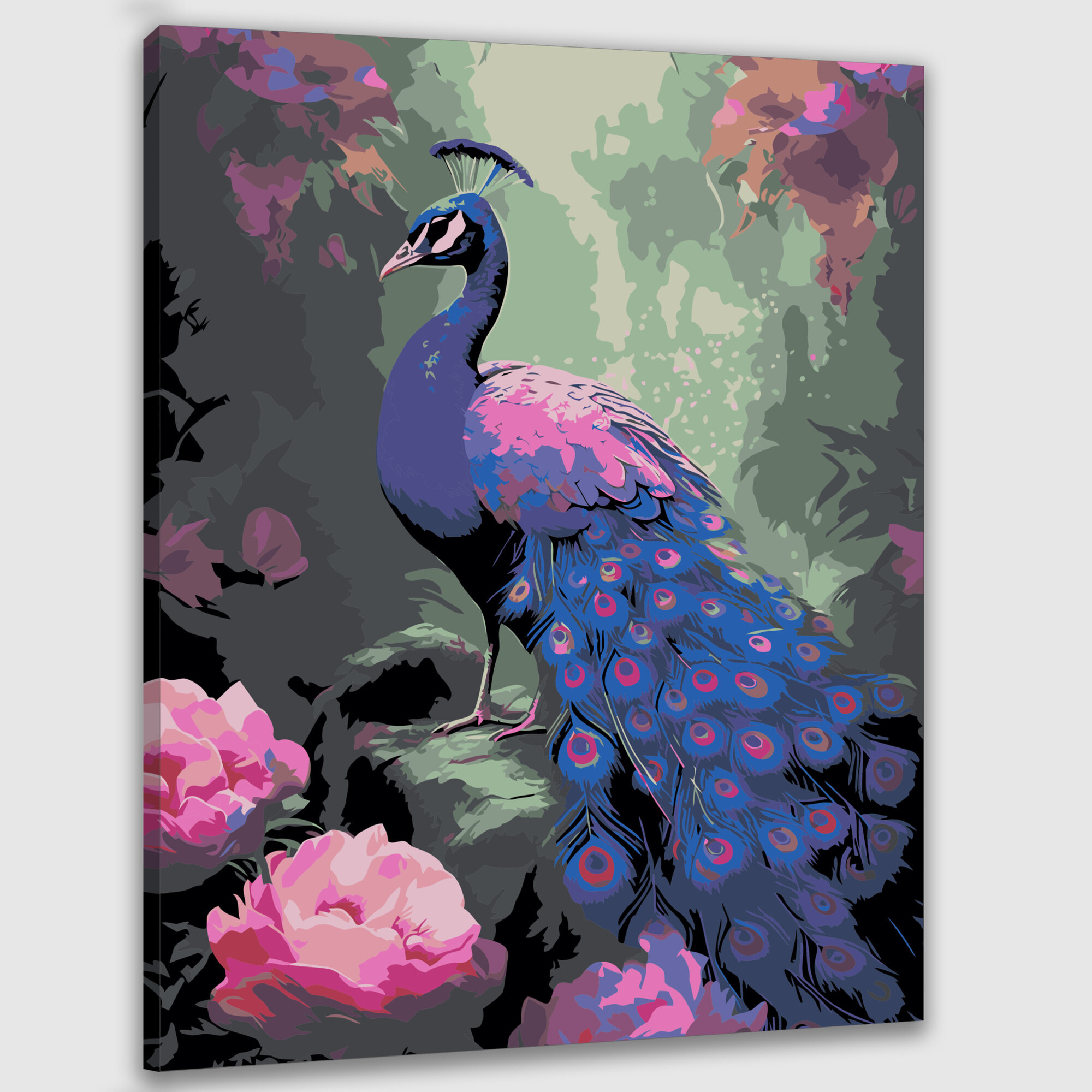 Картина по номерам 40x50 см, павлин, фламинго, перья, синий, пурпурный, зелень, оперение, шея, дуга, текстура, узоры