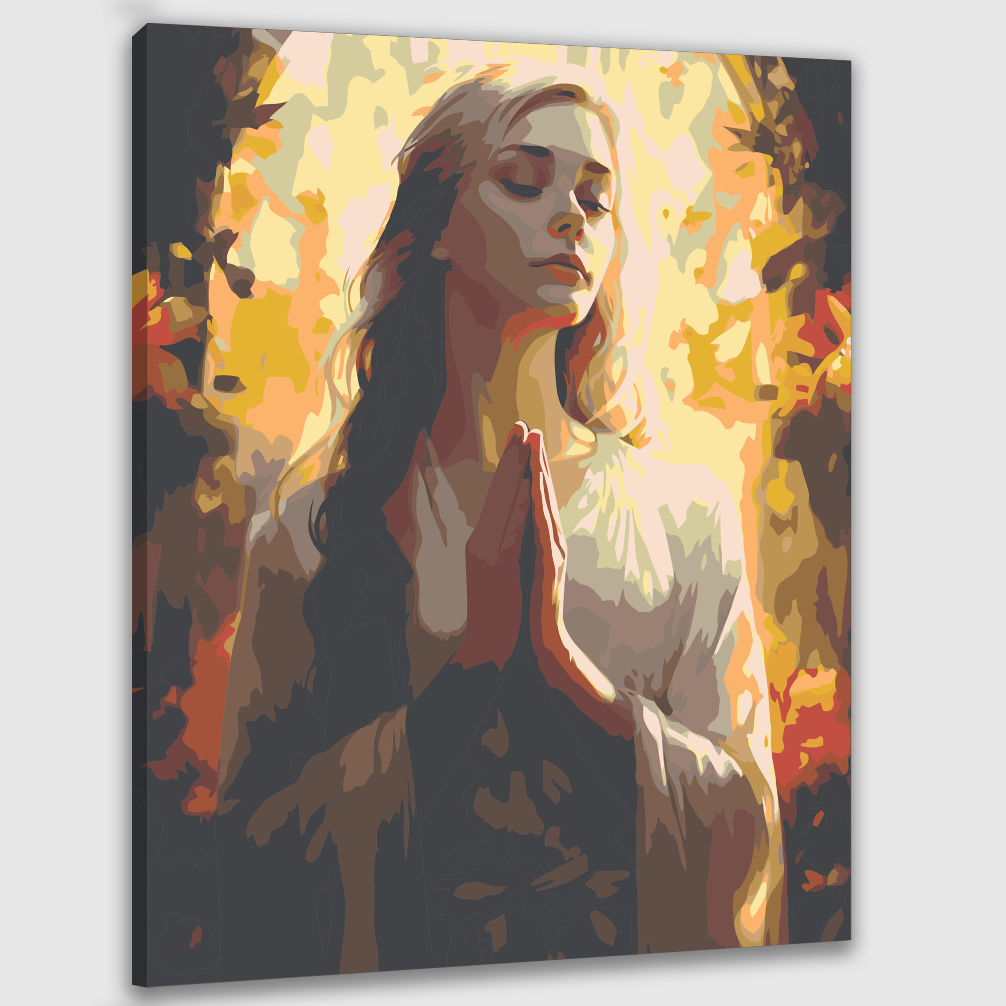 Картина по номерам 40x50 см, цифровое художество, страсть, молодая девушка, молитва, озарение, божественный свет