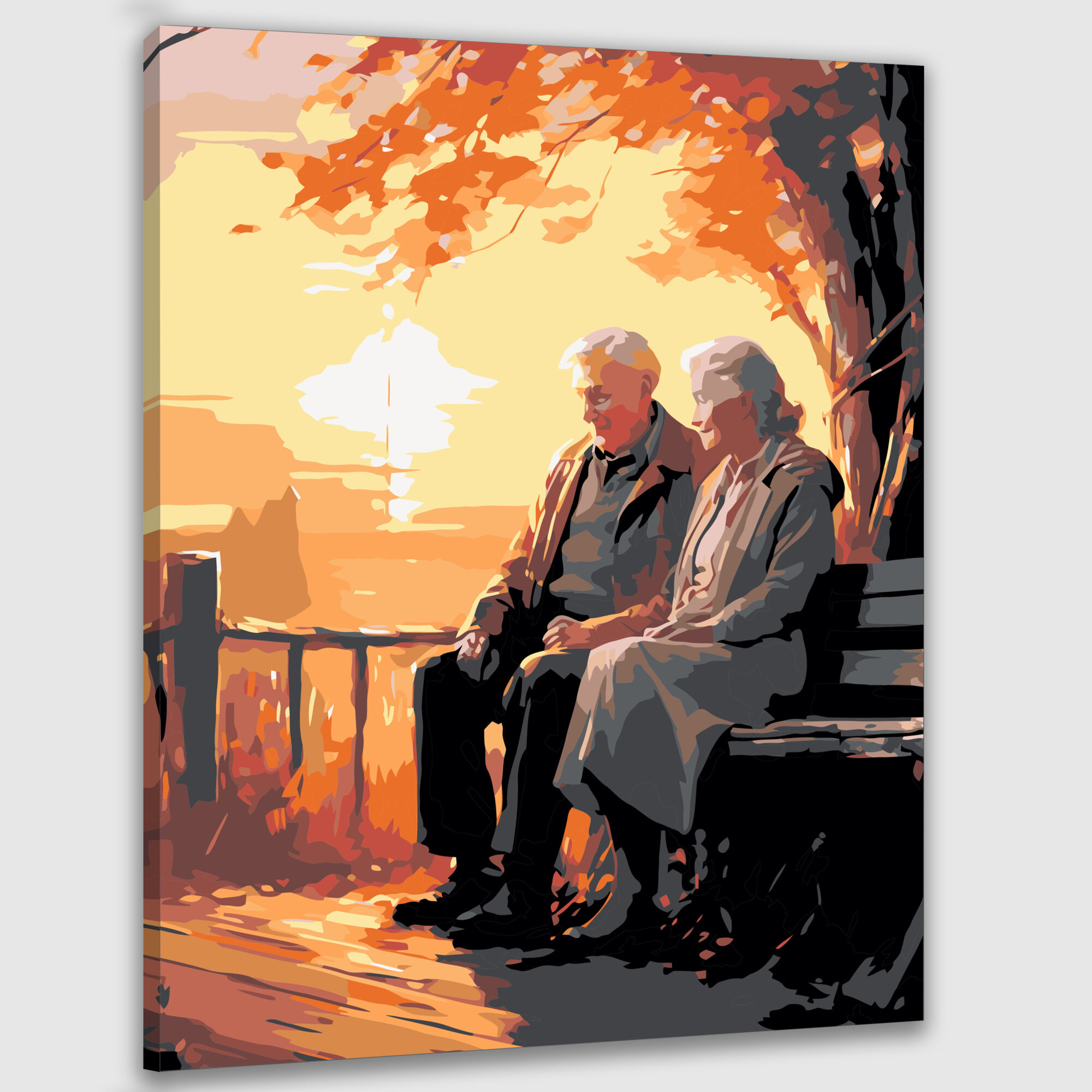 Картина по номерам 40x50 см, пожилой пара, руки, скамейка, глаза, любовь, воспоминания, жизнь, свет, закат, объятия