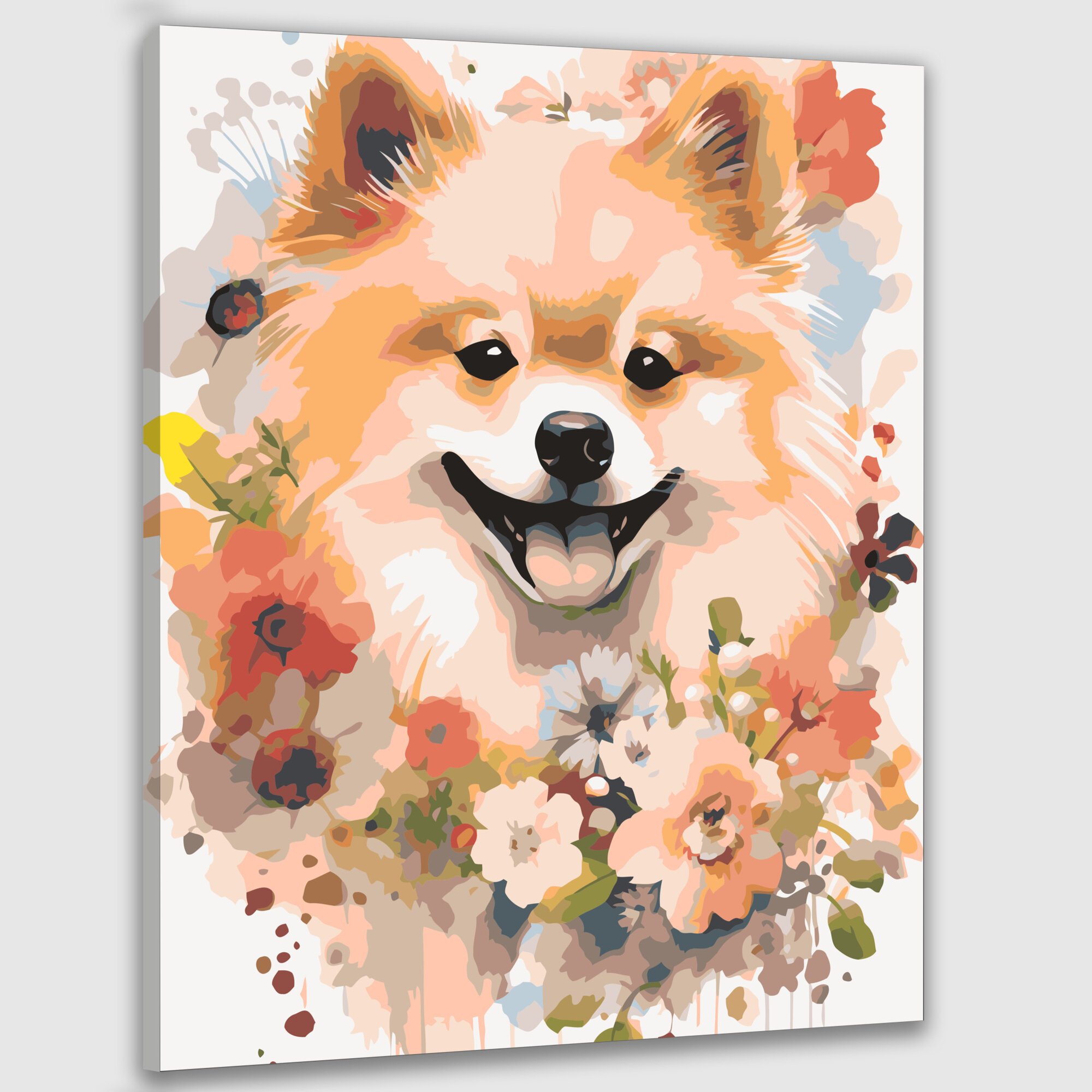 Картина по номерам 40x50 см, акварельная иллюстрация, собака, порода шпиц, букет цветов, нежность, доброта.