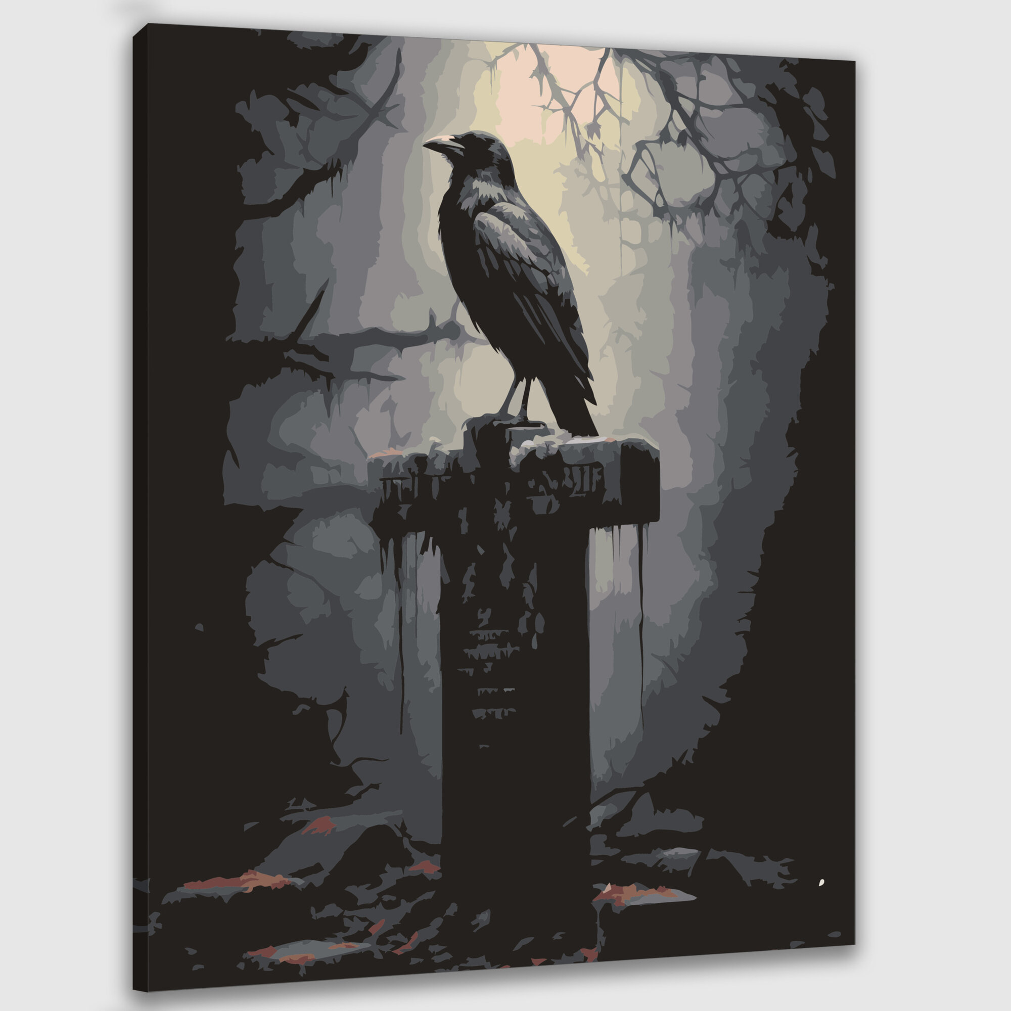 Картина по номерам 40x50 см, картина, масло, ворона, выветренное надгробие, туман, кладбище, лунный свет, отблеск