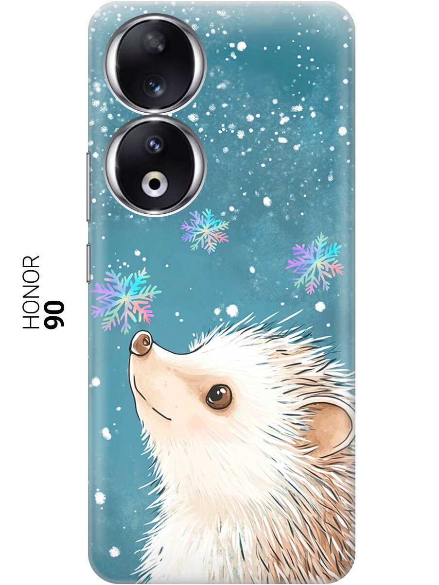 Силиконовый чехол на Honor 90 с принтом "Ежик и снежинки"