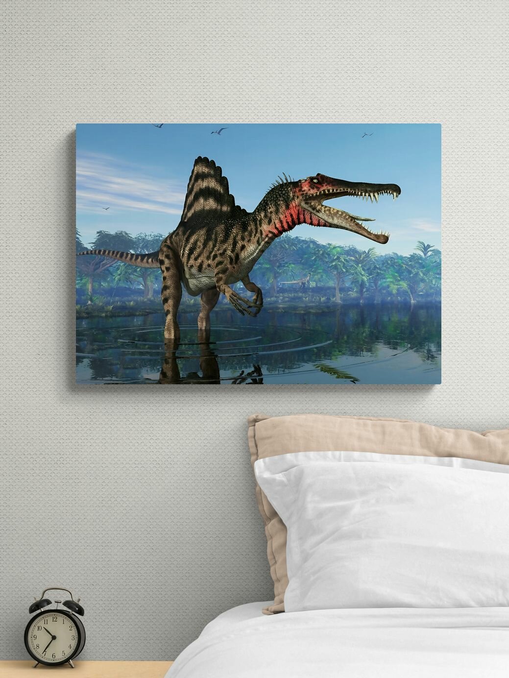 Картина на холсте с динозавром "Спинозавр в воде" 70х50 см