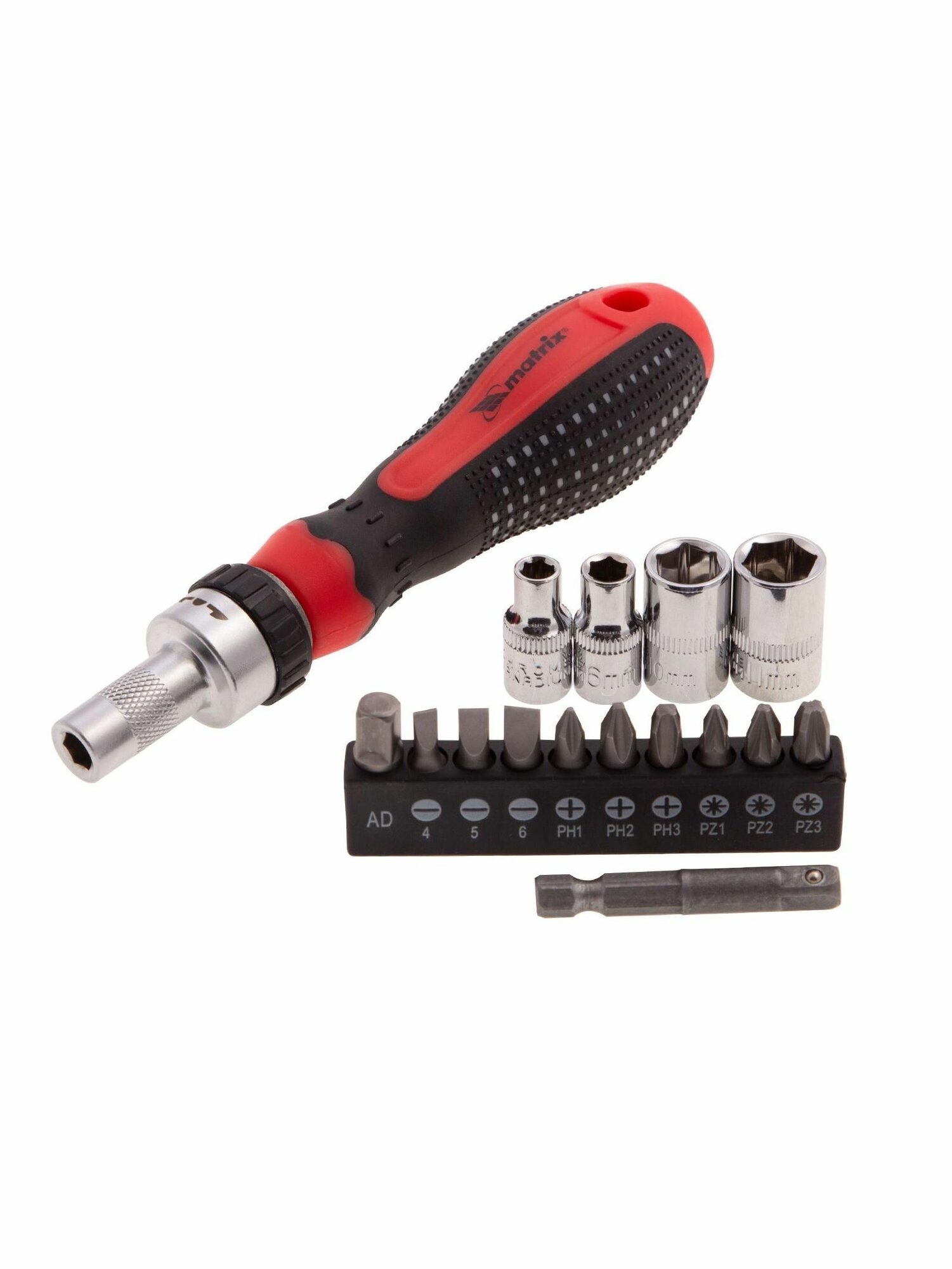 Отвертка реверсивная с набором бит и насадок торцевых, CrV, 1/4, 16 шт Matrix 11332