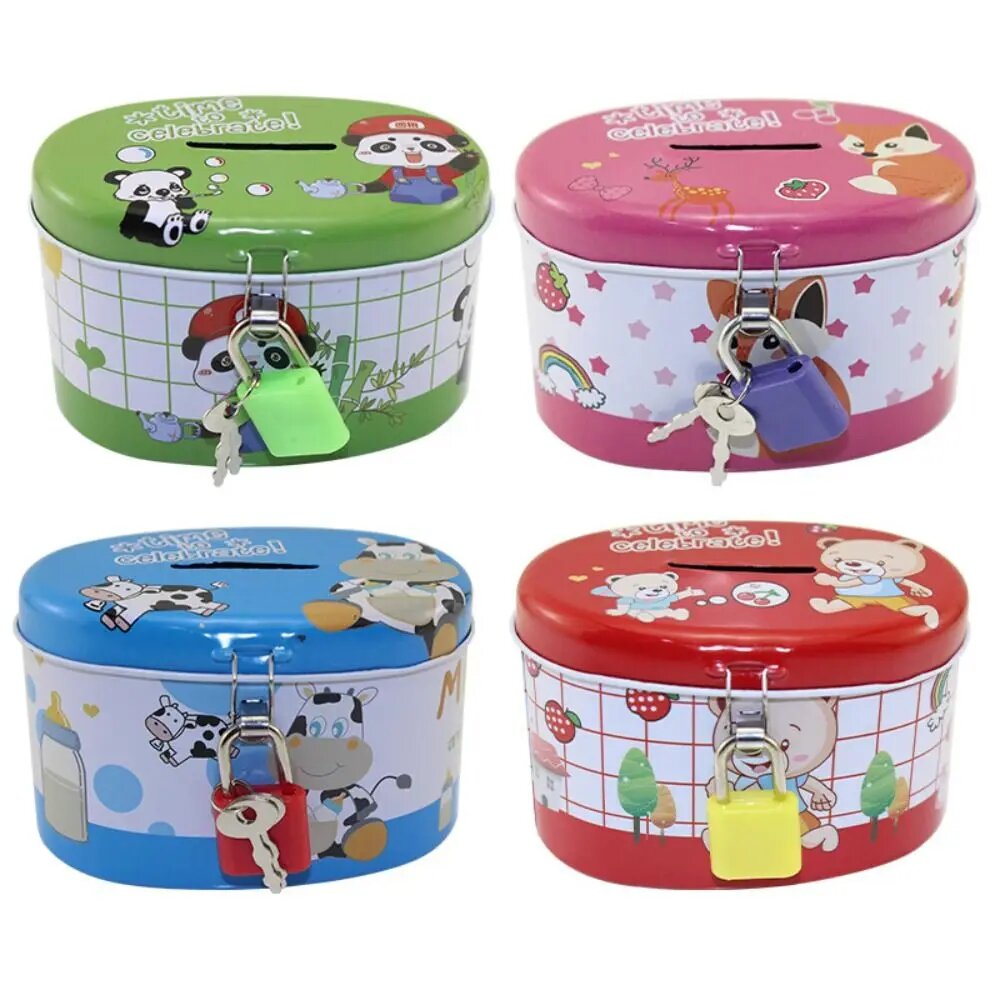 Жестяная копилка с замком и ключом, мультяшный принт, дизайн, милая коробка для хранения монет, большая емкость, железная художественная детская банка для хранения дома