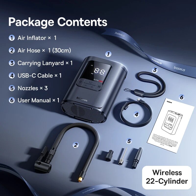 Baseus VA1 Pro/Max Автомобильный воздушный компрессор 7500 мАч Портативный автомобильный насос для шин для мотоцикла, велосипеда, мяч, автомобильный воздушный насос, проводной/беспроводной, VA1 Max