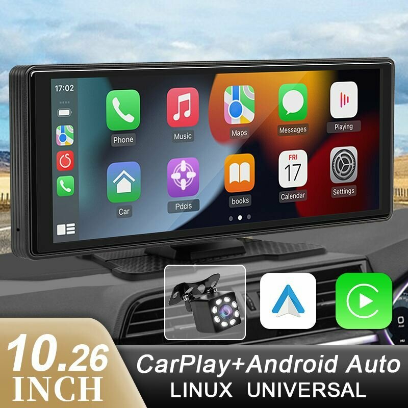Портативный монитор 9.3" с беспроводным CarPlay и Android Auto: питание от прикуривателя, FM/AUX, для авто