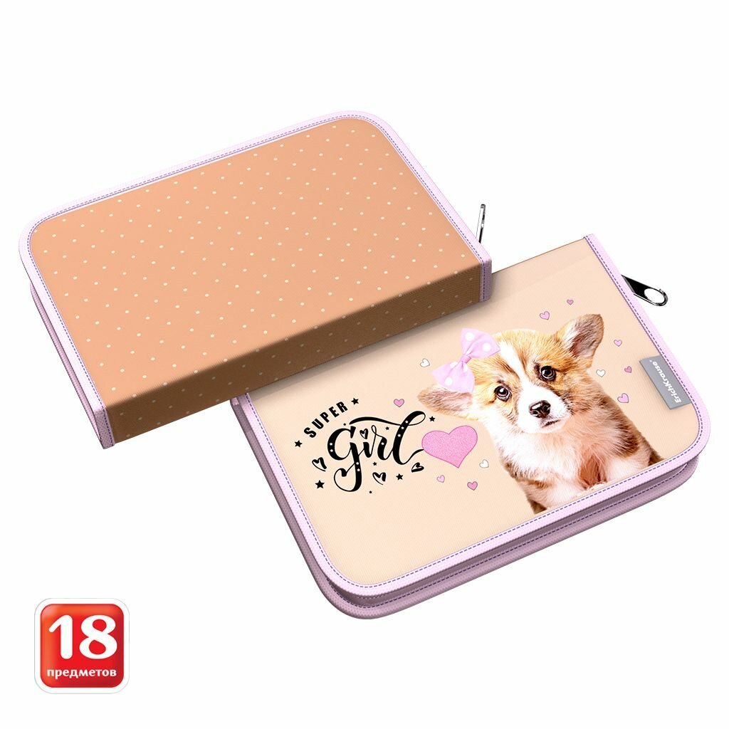 Пенал-книжка с наполнением Корги текстиль 135х205х30мм 1 отд. ErichKrause